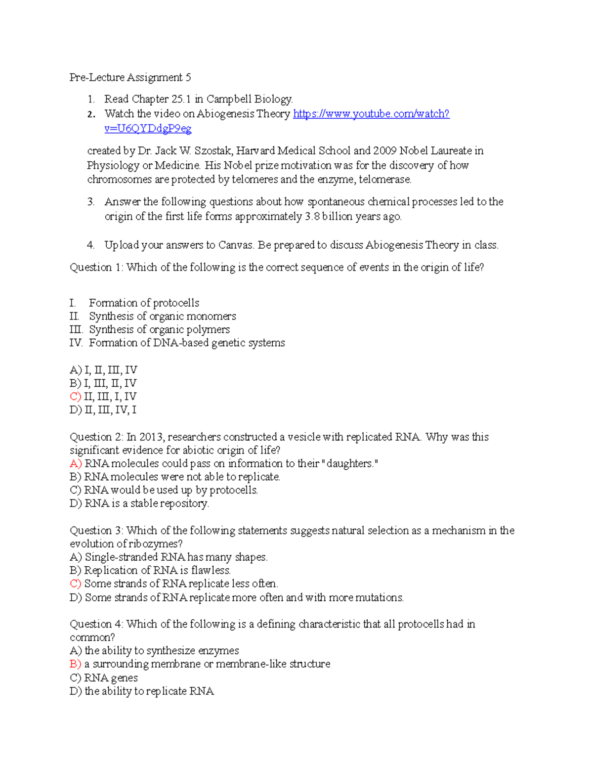 Prelecture assignment 5 - Pre-Lecture Assignment 5 Read Chapter 25 in Campbell Biology. Watch ...