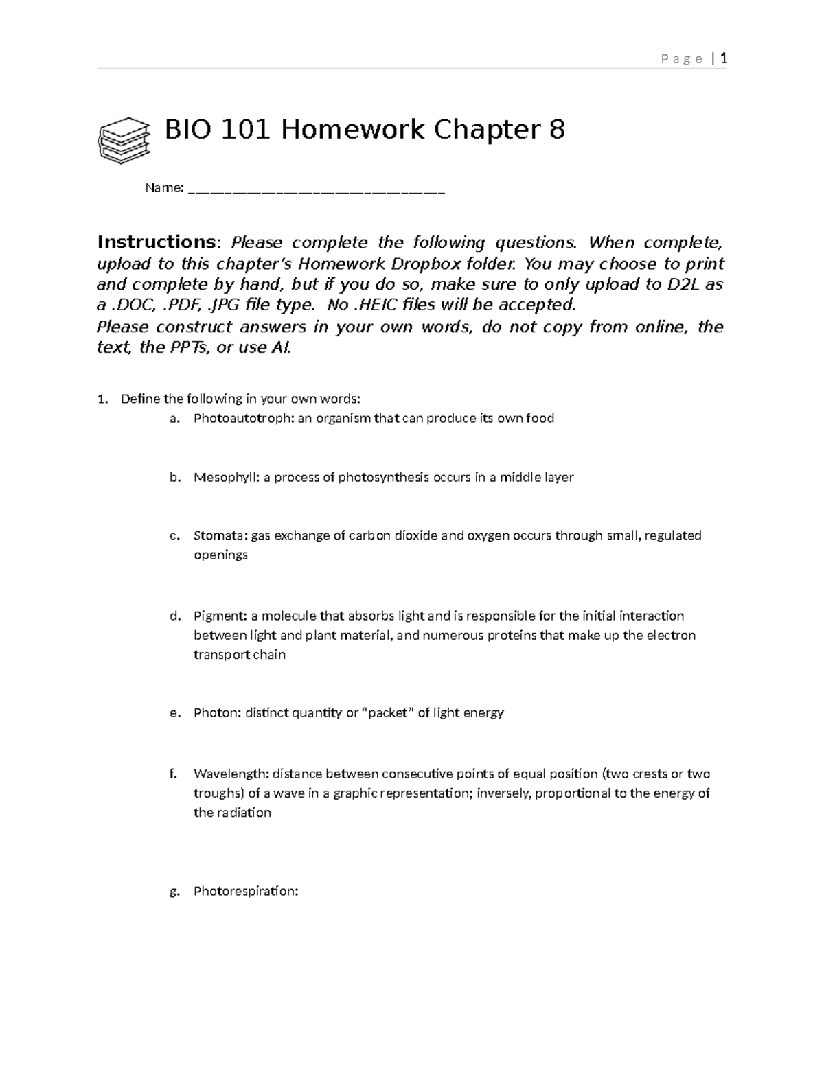 BIO 101 Homework: Chapter 8 Questions and Instructions - Studocu