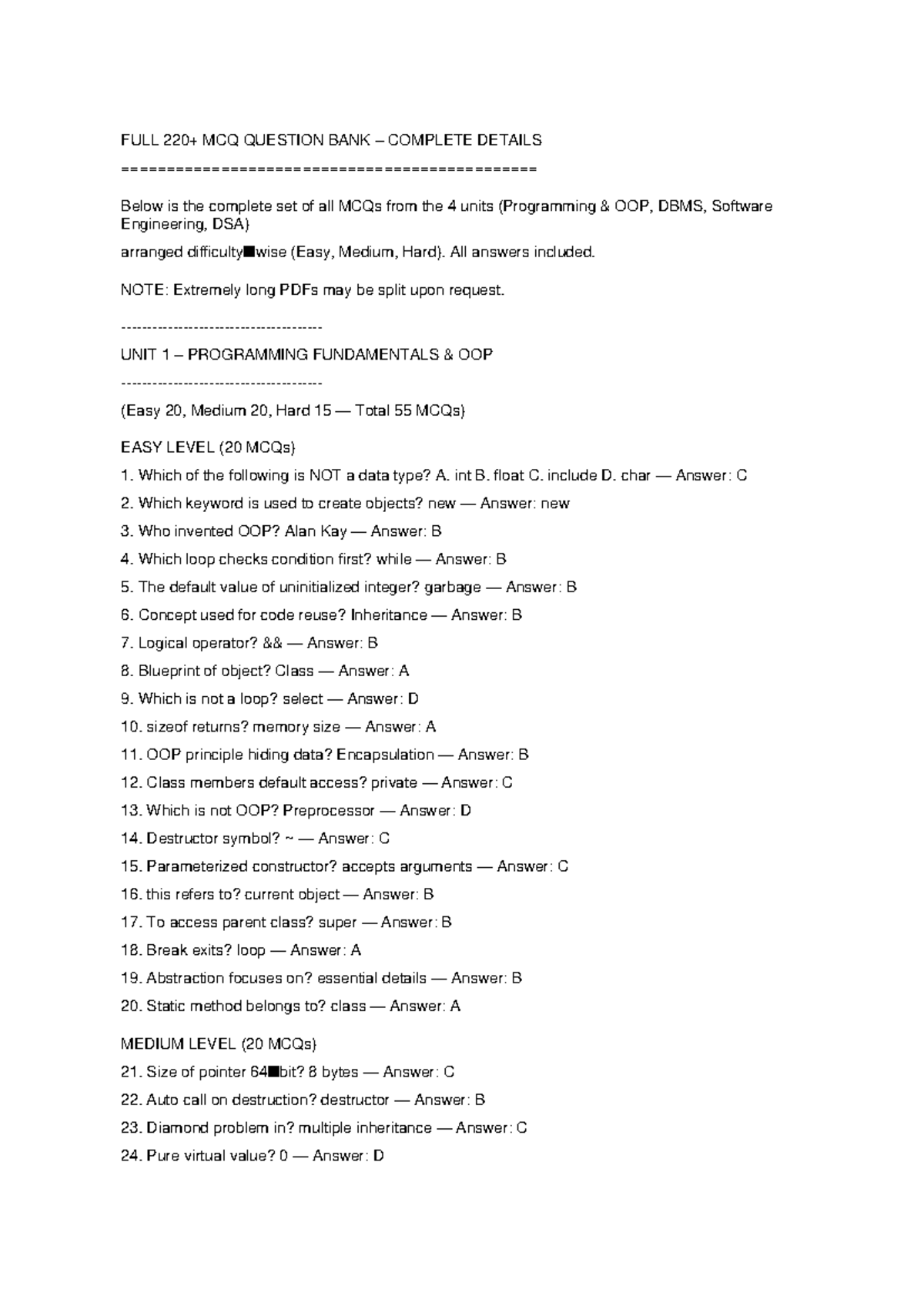 Comprehensive MCQ Question Bank for Programming, DBMS, SE, DSA - Studocu