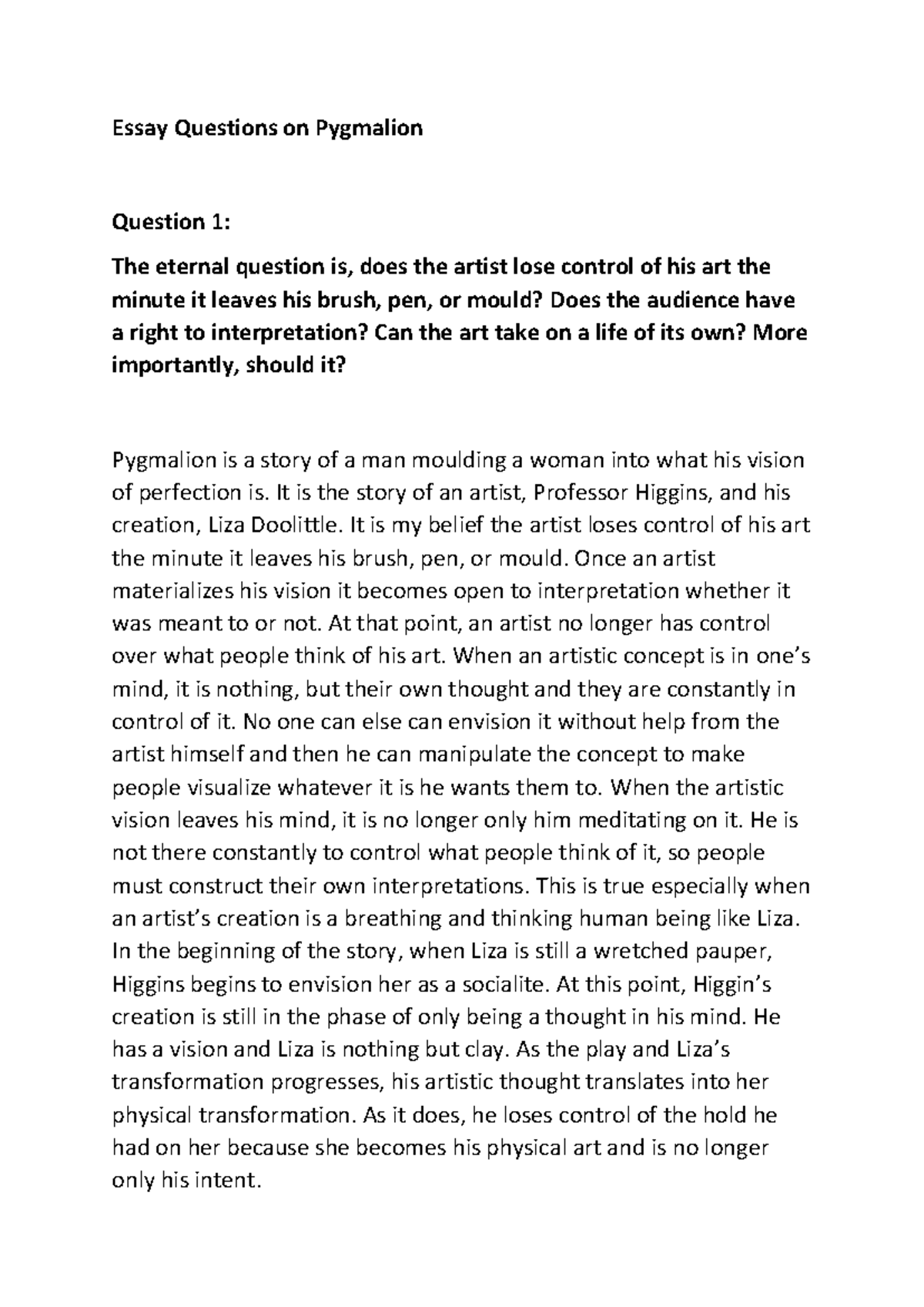 Pygmalion Essay Questions: Analyzing Themes and Characters - Studocu