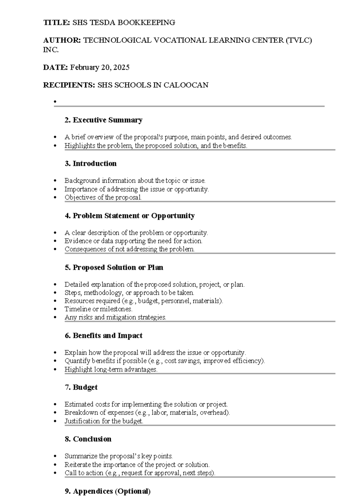 Proposal SHS letter - TITLE: SHS TESDA BOOKKEEPING AUTHOR ...