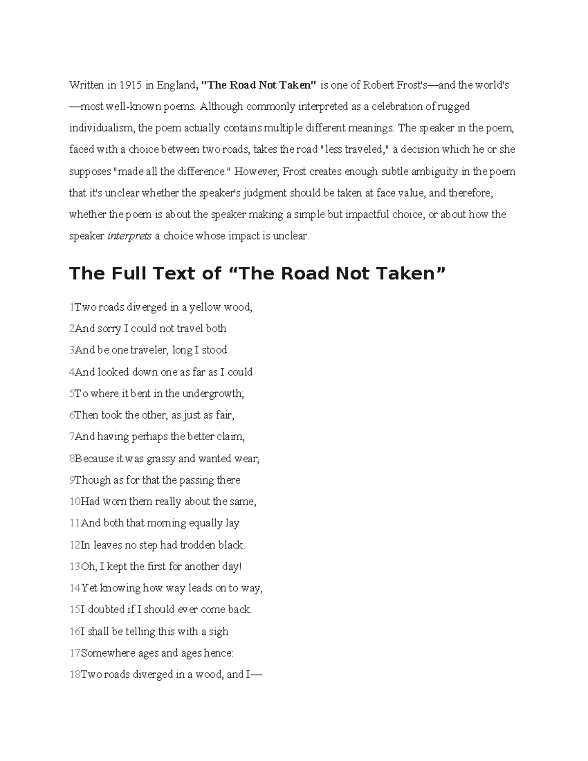 The Road Not Taken (1915) Analysis: Choices and Consequences - Studocu