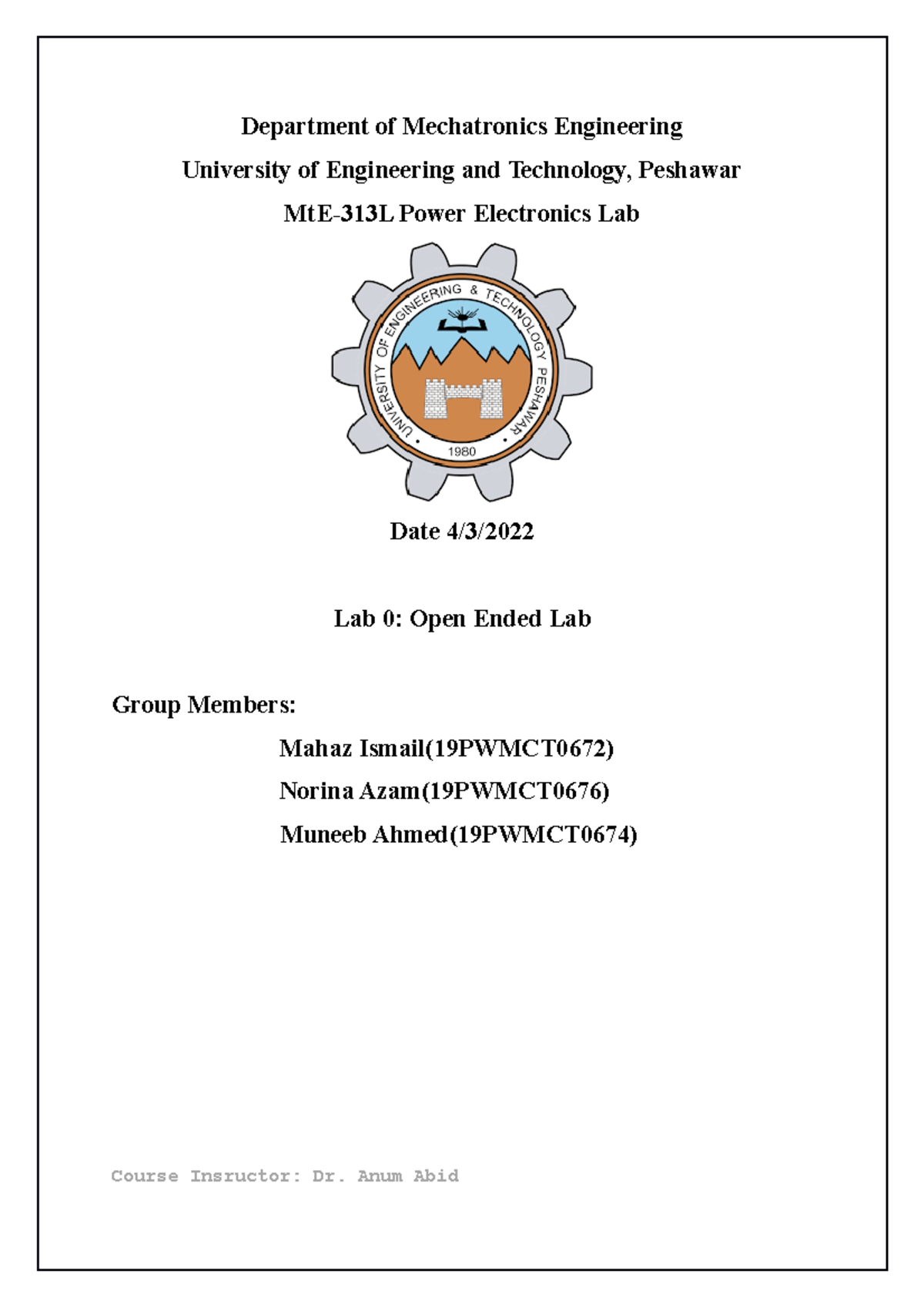 lab report Department of Mechatronics Engineering NUST - Department of ...