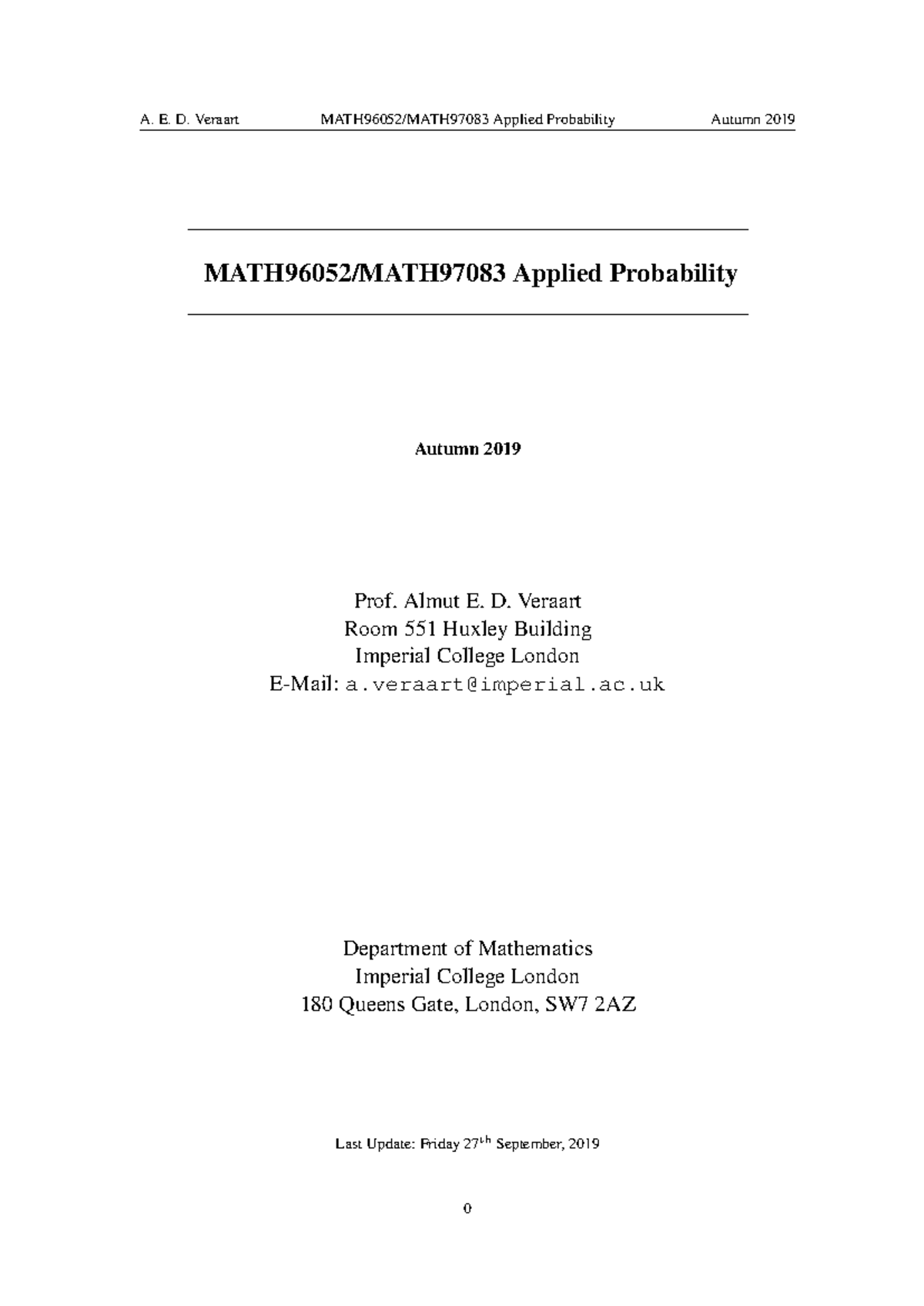 Lecture Notes - MATH96052/MATH97083 Applied Probability Autumn 2019 ...