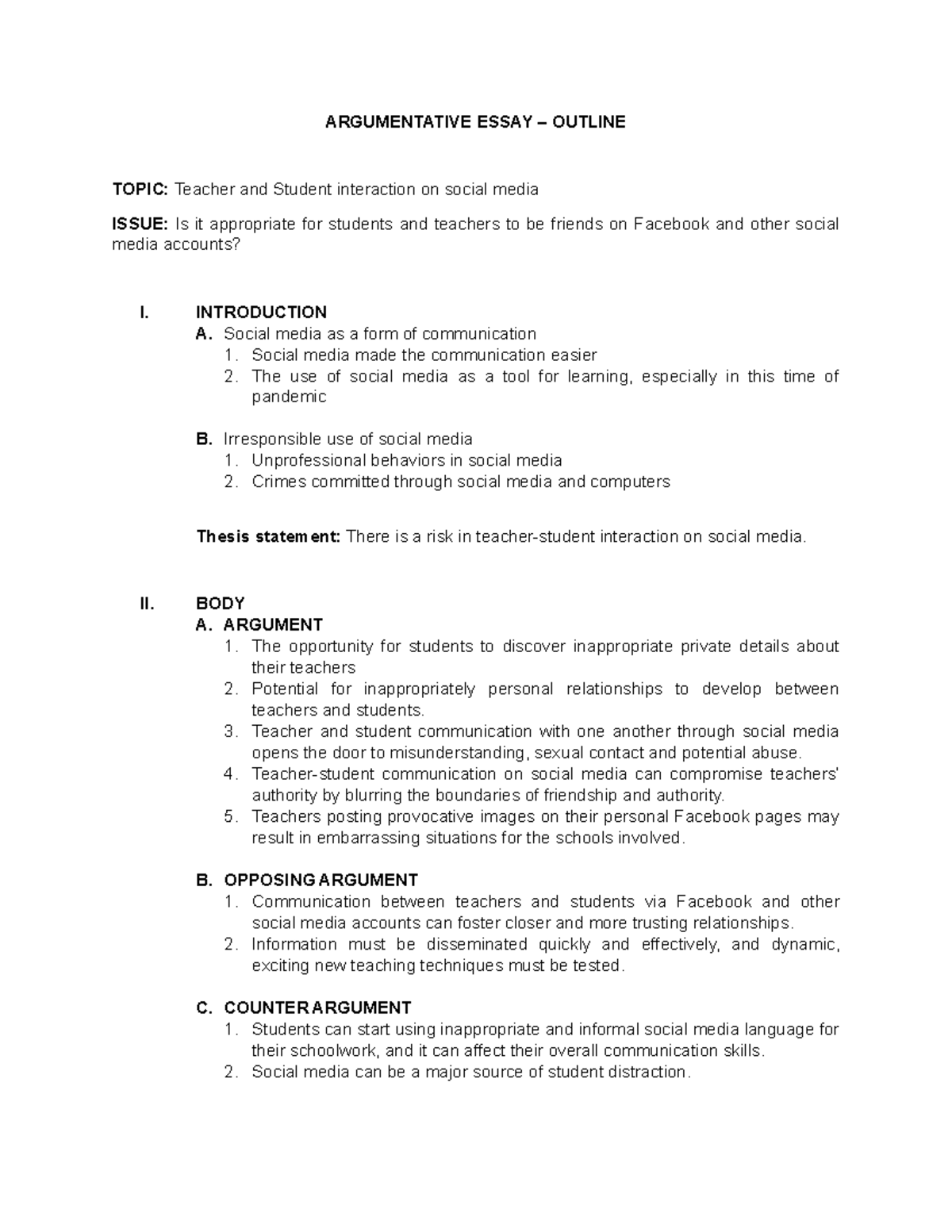 Teacher and Student interaction on social media essay - ARGUMENTATIVE ...