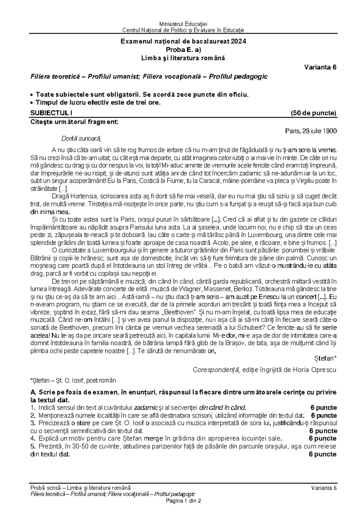 Examen Național BAC 2024 - Limba Română - Varianta 6 - Profil Umanist ...