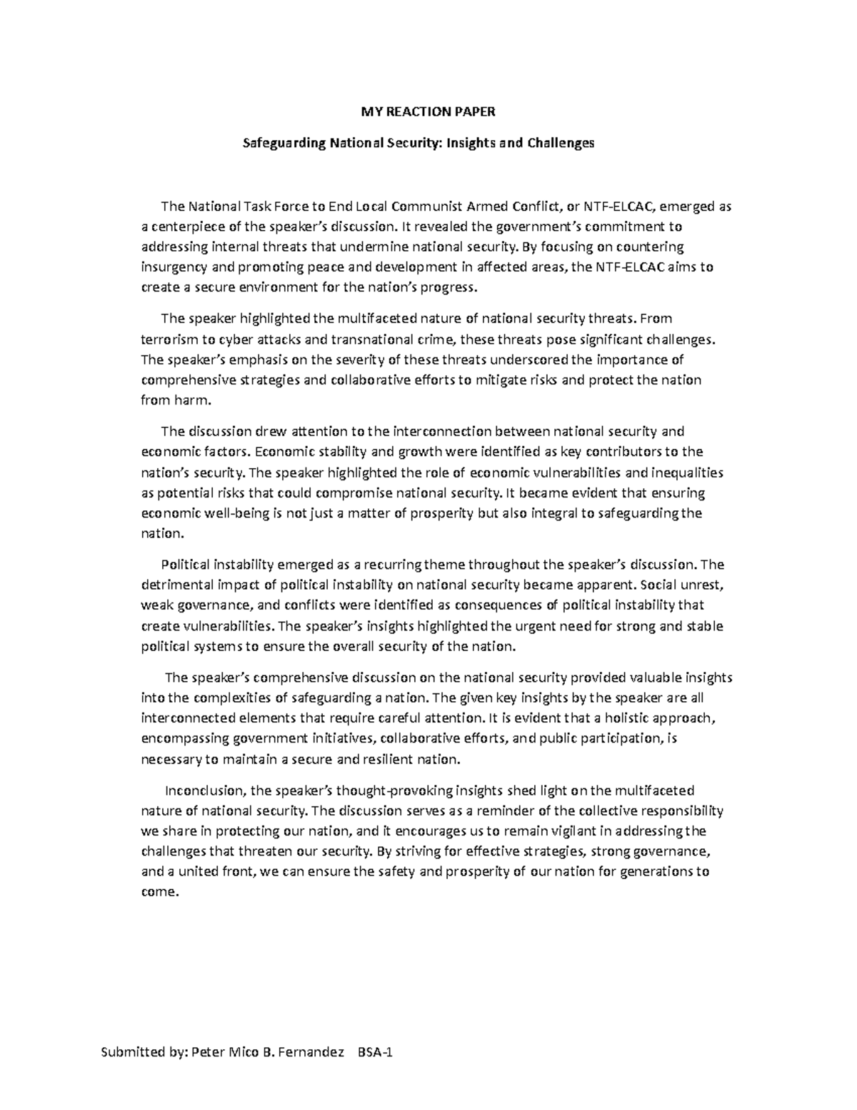 Reaction Paper on National Security Insights and Challenges - Studocu