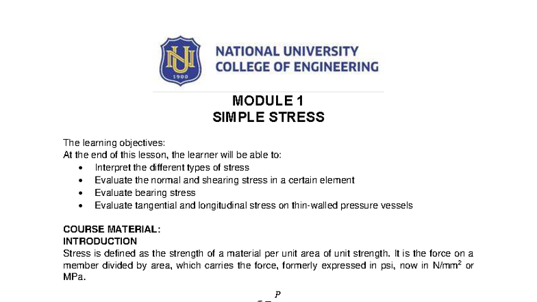 CEMDEF 40 Module 1: Understanding Simple Stress Concepts - Studocu