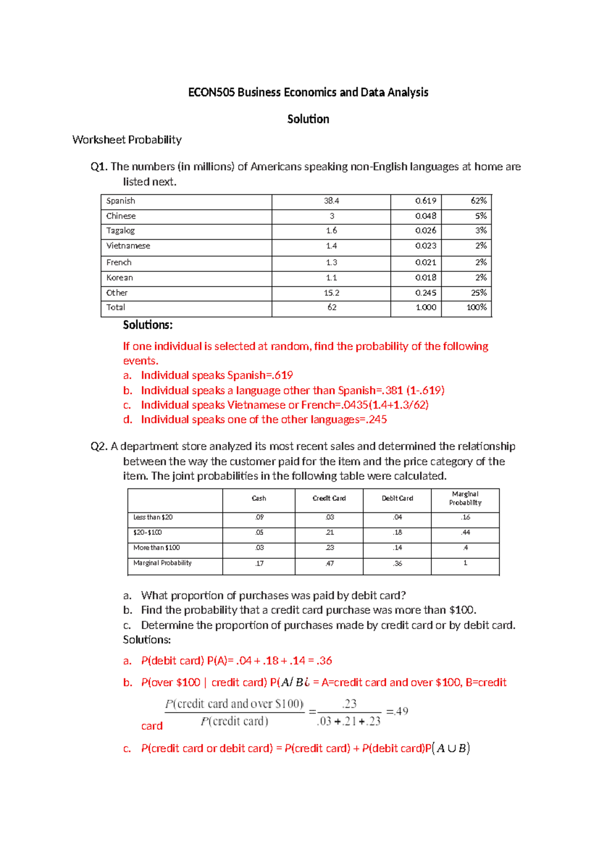 ECON505 Final Exam Solution Worksheet on Probability Analysis - Studocu