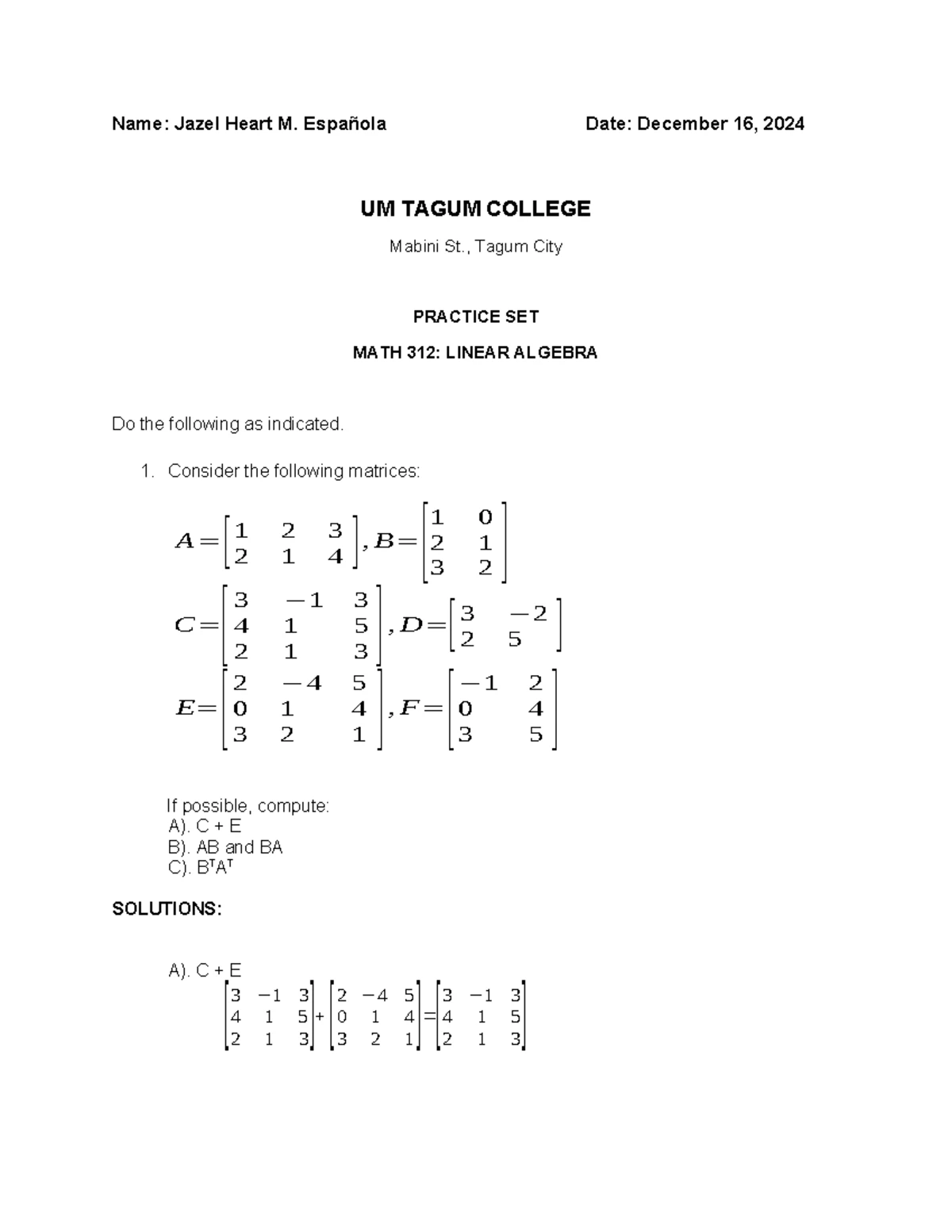 Linear Algebra 11 - Assessment 1 Solutions and Practice - Studocu