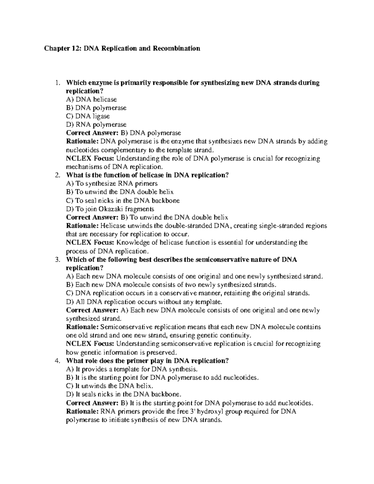Genetics Test Bank: DNA Replication & Recombination Concepts (2024 ...