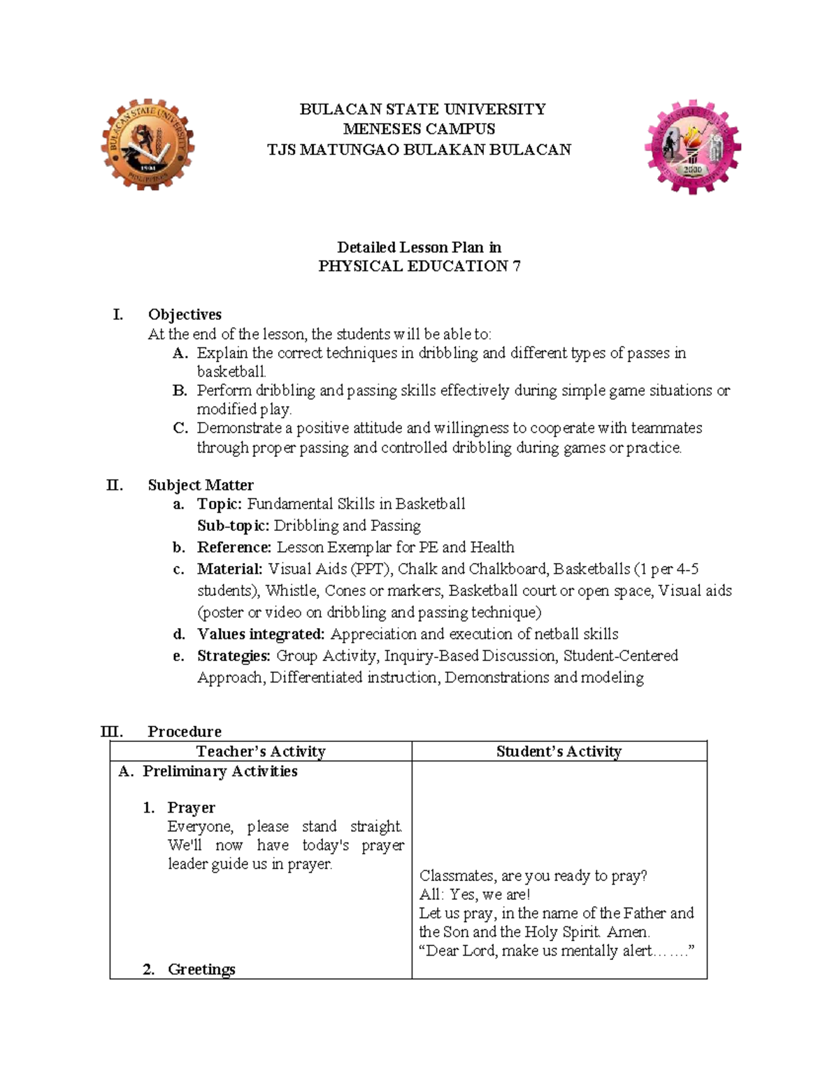 Basketball DLP 1: Detailed Lesson Plan for PE 7 on Dribbling & Passing ...