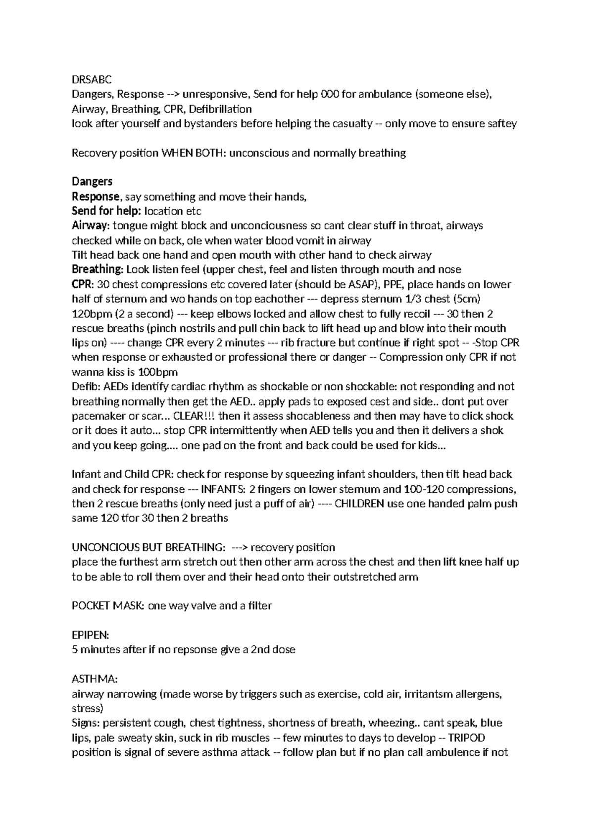 First AID Notes: DRSABC Protocols and Emergency Response Techniques ...
