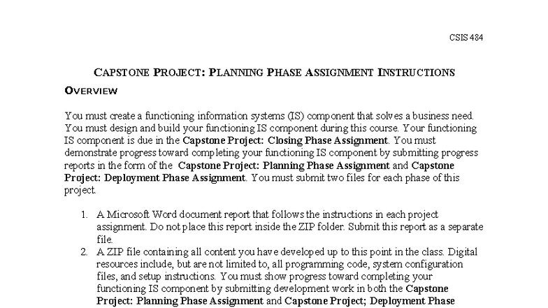 CSIS 484 Capstone Project: Planning Phase Assignment Guide - Studocu