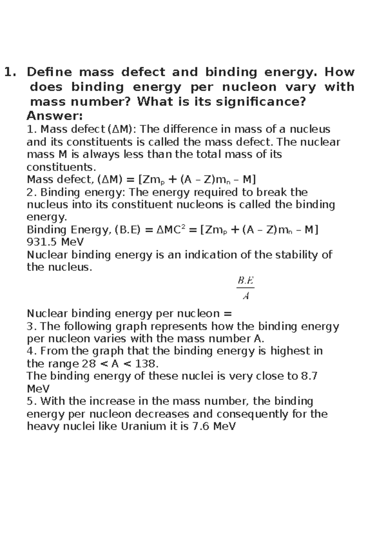 SR LAQ - Mass Defect, Binding Energy & Nuclear Reactor Principles - Studocu