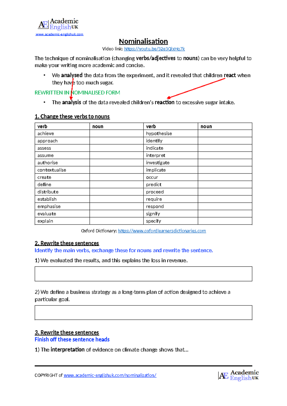 Nominalisation Video Worksheet by Academic English UK34666 ...