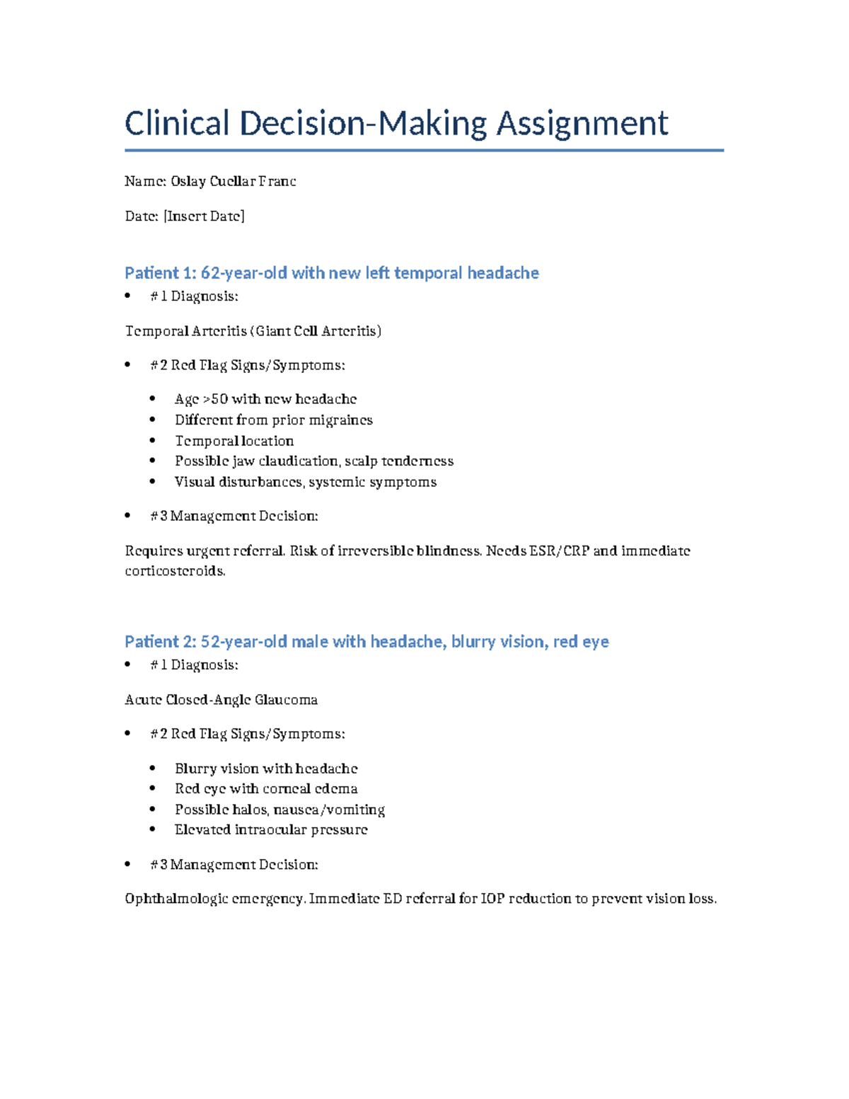 Clinical Decision Making Assignment: Urgent Cases Analysis - Studocu