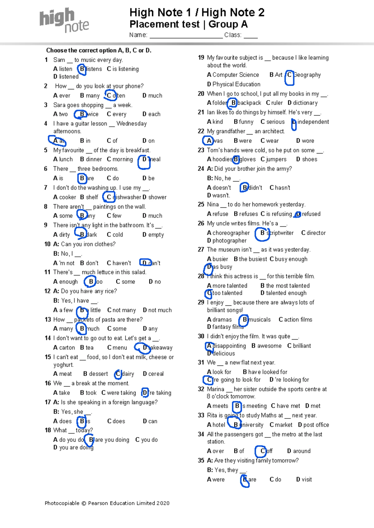 High Note 1 Unit Language Test Unit10 Group A - Unit Test 10 | Group A ...