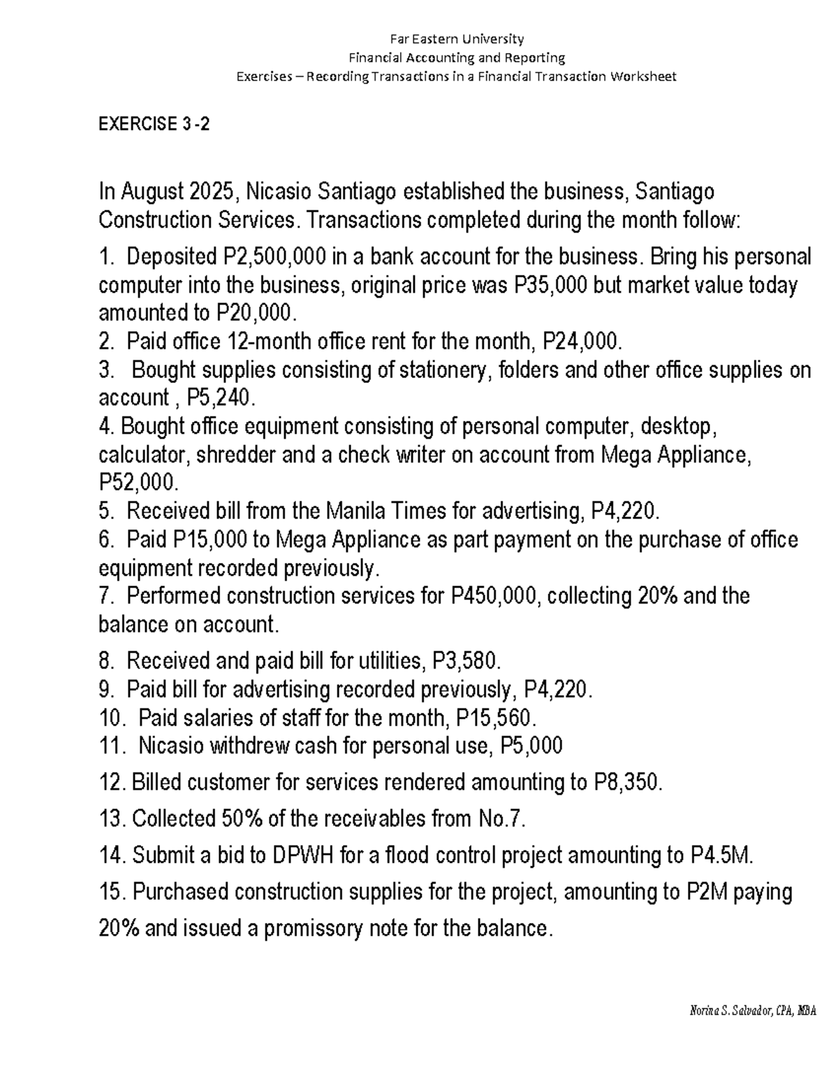 FEU Financial Accounting Exercise 3: Recording Transactions in ...