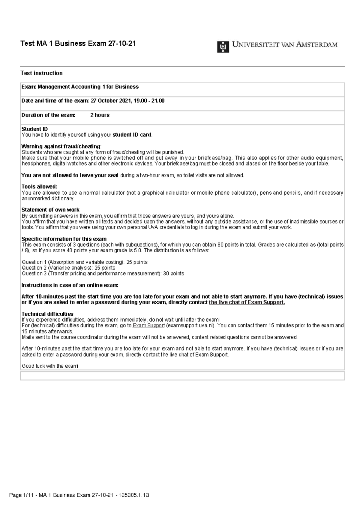 Final Exam Instructions for MA 1 Business - Management Accounting 1 (27 ...