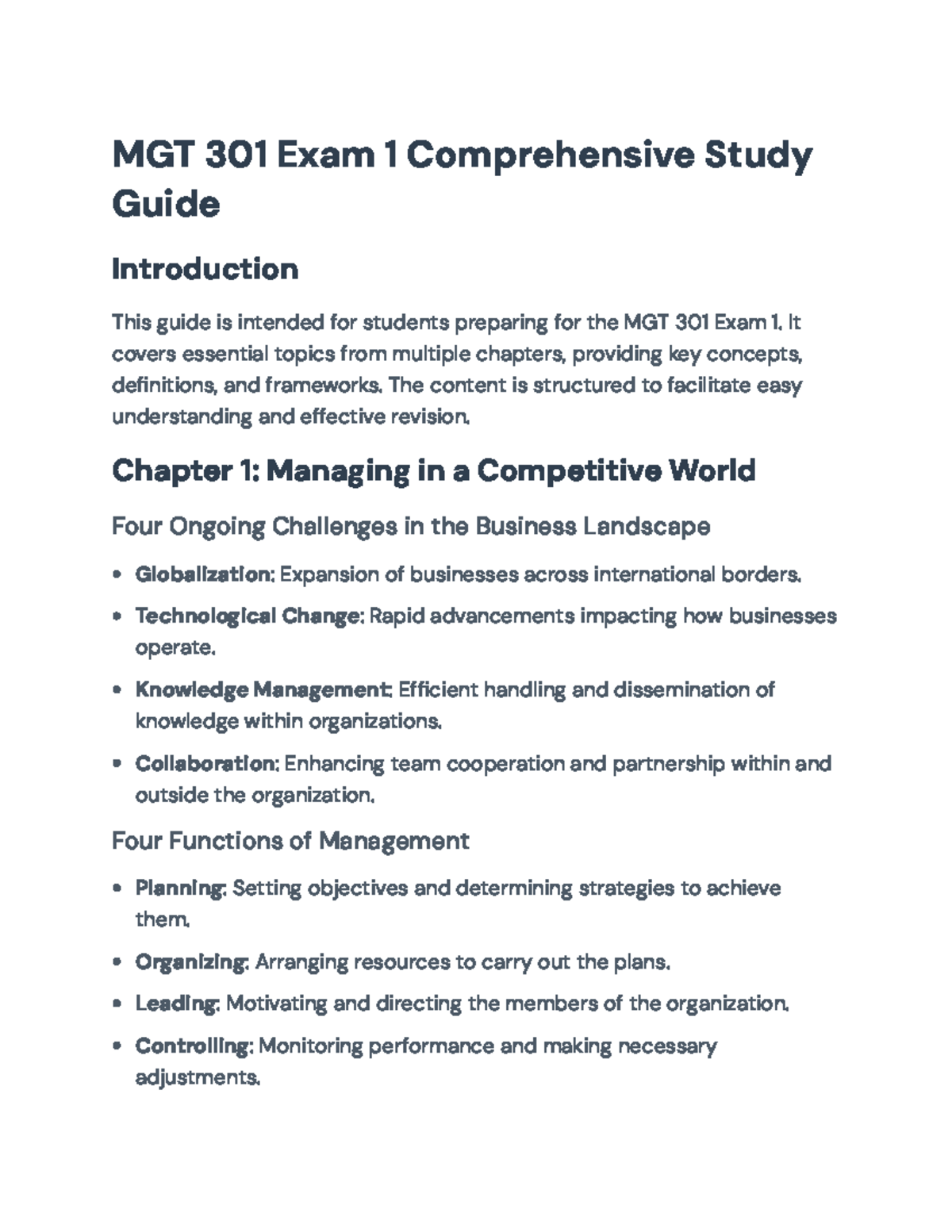 MGT 301 Exam 1 Comprehensive Study Guide: Key Concepts & Frameworks ...