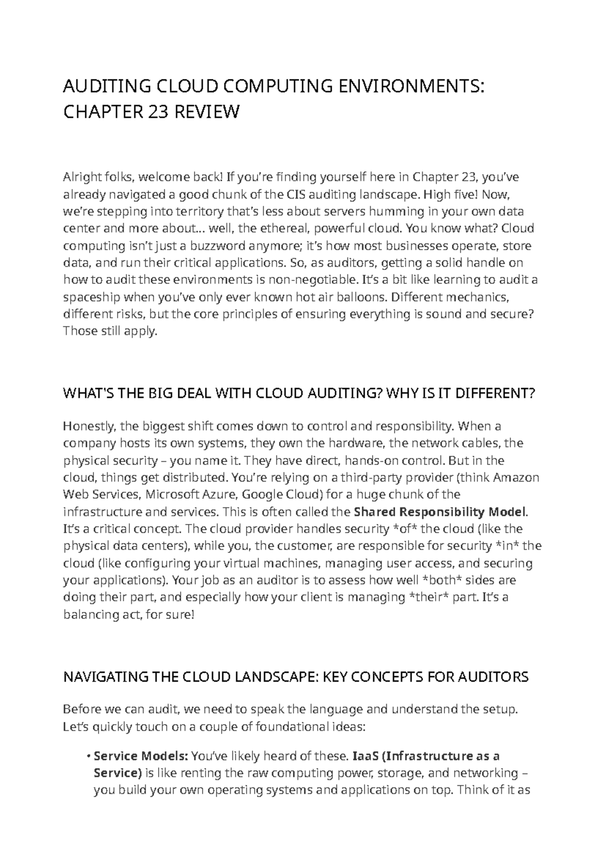 AUDITING CIS 23: CLOUD COMPUTING ENVIRONMENTS REVIEW - Studocu