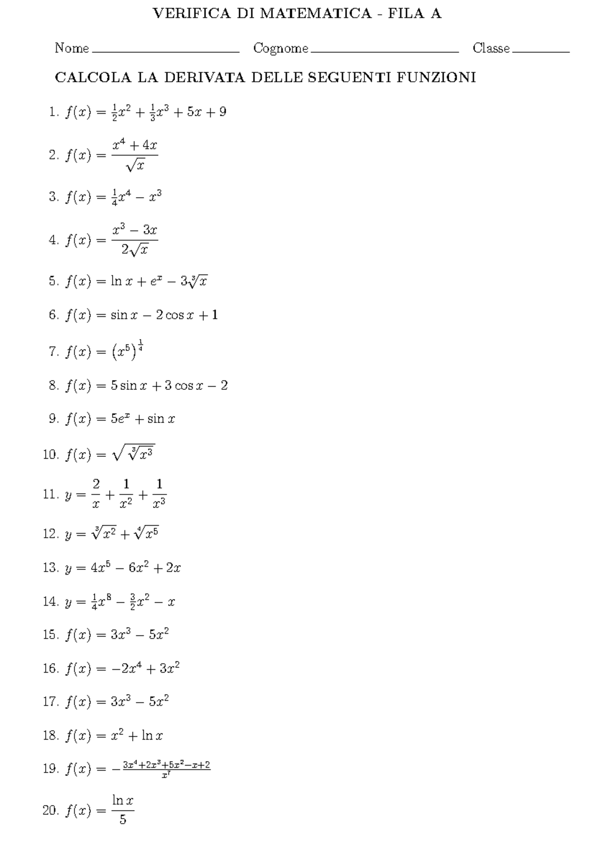 Verifica di Matematica Fila A e B: Calcolo Derivate - Studocu