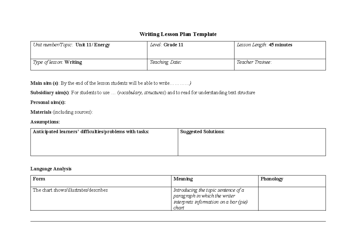 Writing lesson plan template for grade 11: energy level focus - Studocu