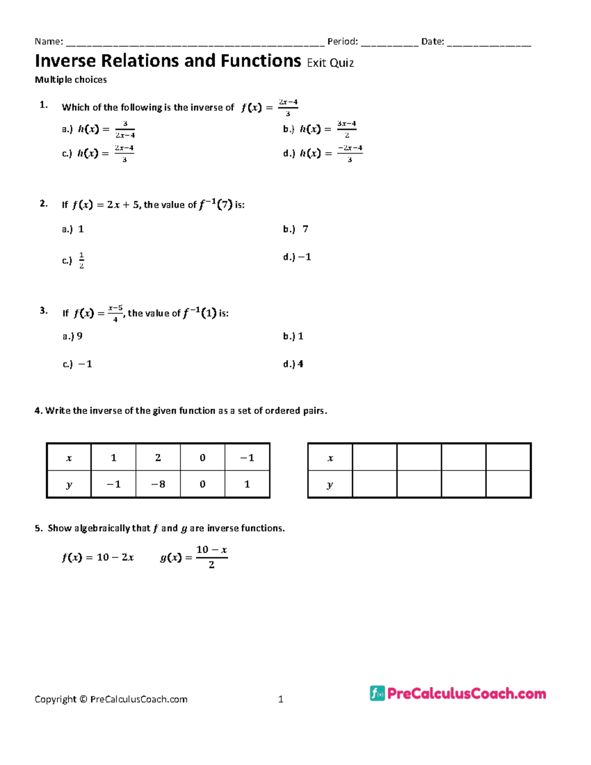 Inverse Relations & Functions Exit Quiz 1.7 - Studocu