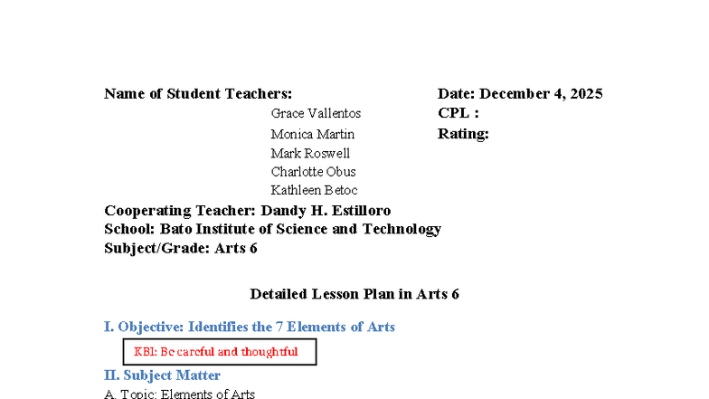 CPL: Detailed Lesson Plan on 7 Elements of Arts for Arts 6 - Studocu