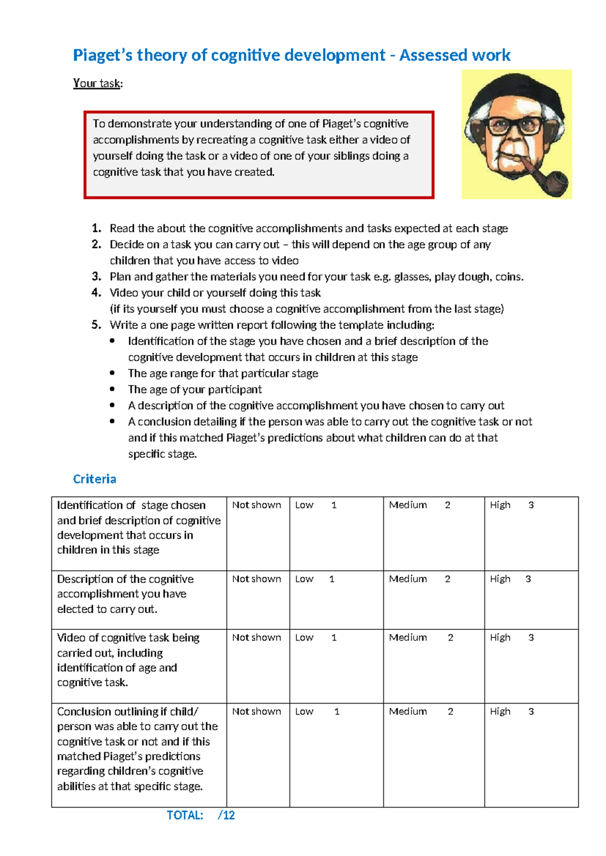 Cognitive Development Task: Piaget Assignment Instructions - Studocu