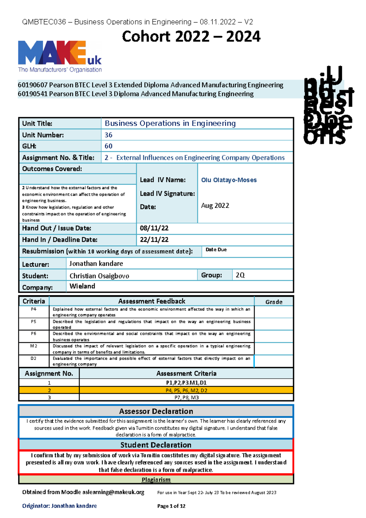 Assignment 2: External Influences on Engineering Operations (Unit 36 ...