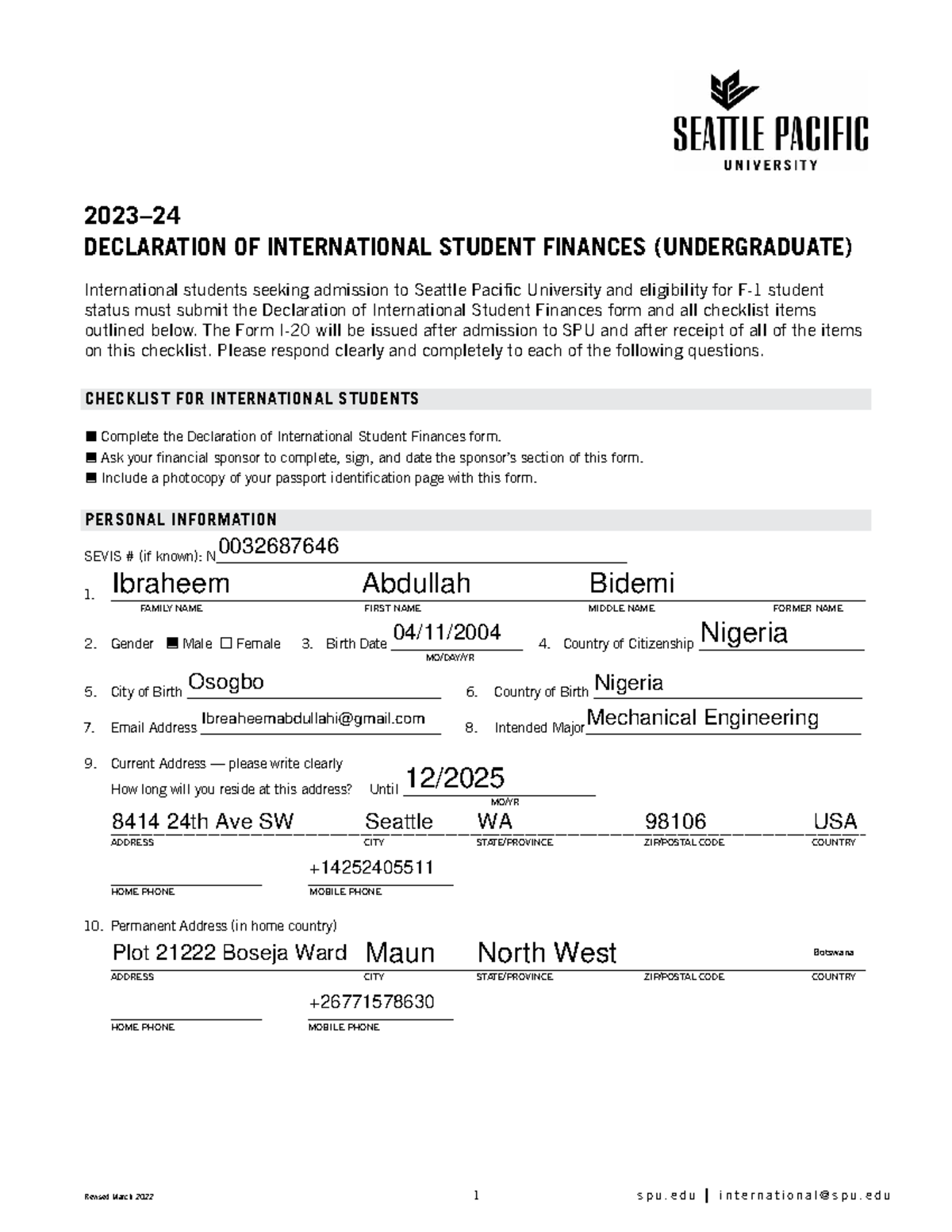 2023-2024 DISF Form for International Students at SPU - Studocu
