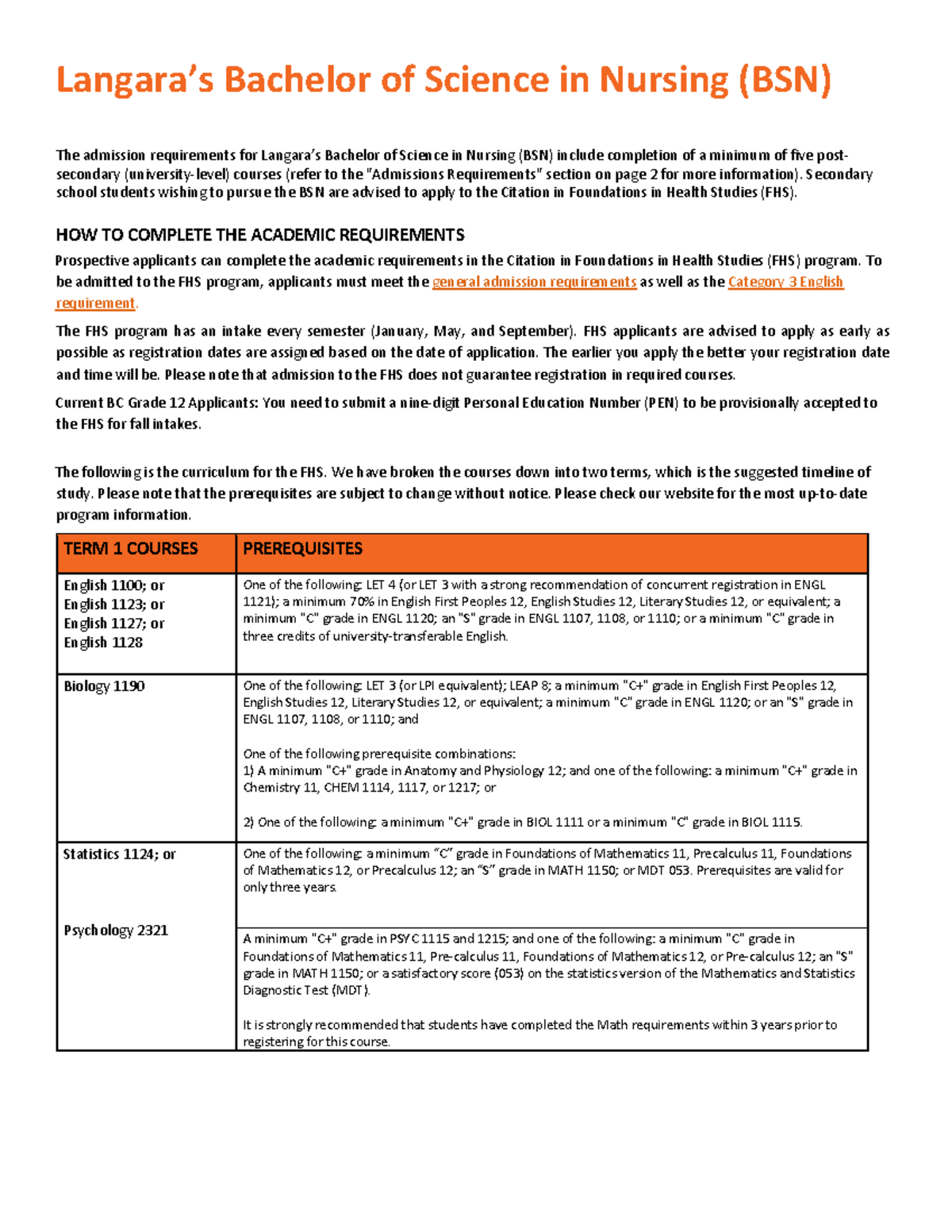 BSN Admission Info & Academic Requirements - Langara FHS Program - Studocu