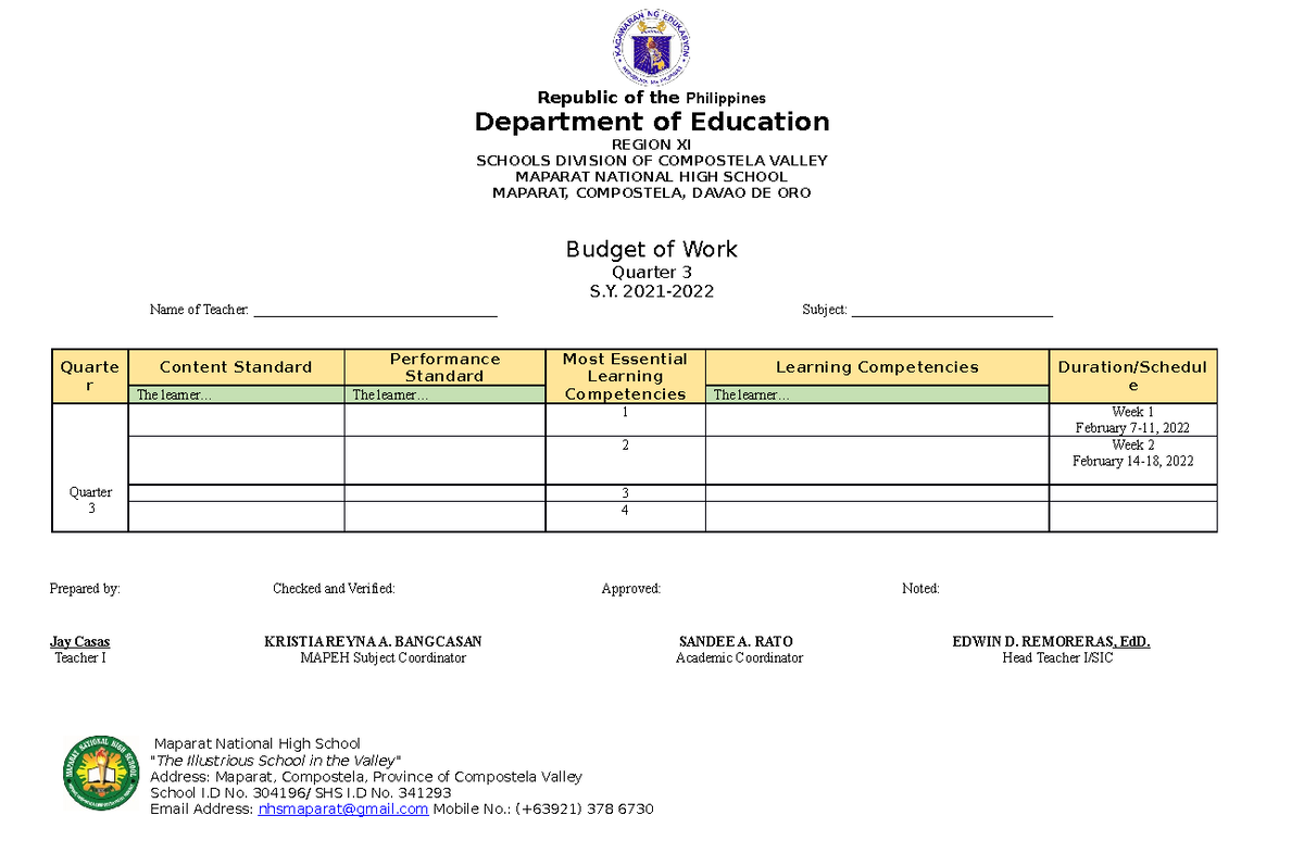 Budget of Work Template for Quarter 3 - S.Y. 2021-2022 - Studocu