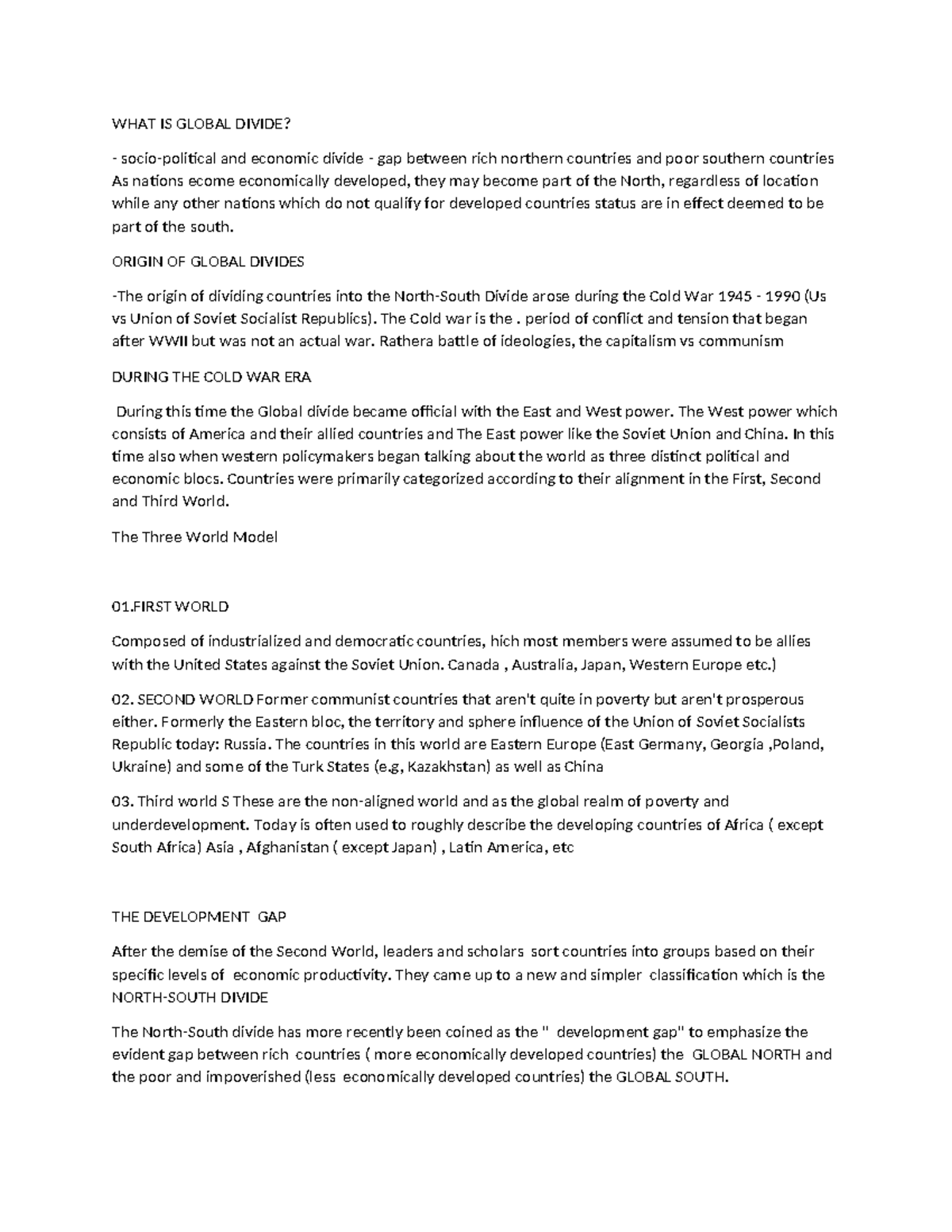 Global Divide Overview: Understanding the North-South Disparity - Studocu