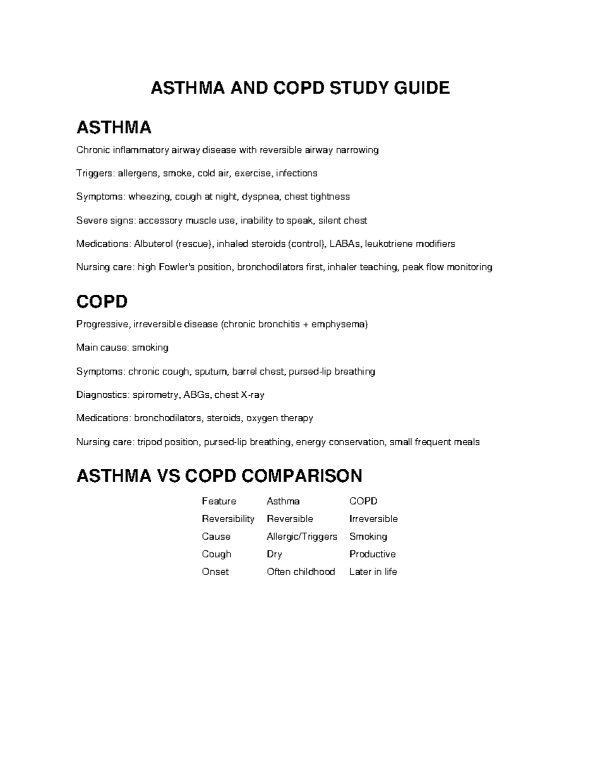 ASTHMA & COPD STUDY GUIDE: Key Differences & Nursing Care - Studocu