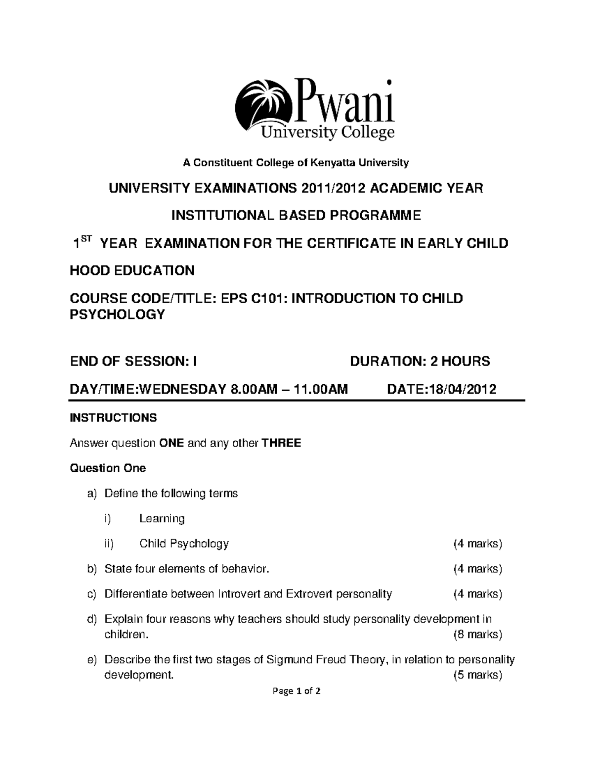 EPS C101: End of Session Exam - Intro to Child Psychology - Studocu