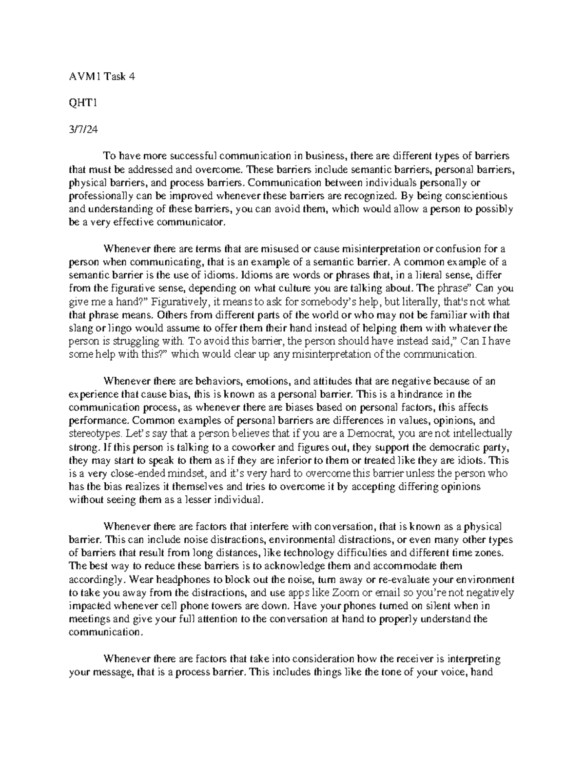 AVM1 Task 4: Overcoming Communication Barriers in Business - Studocu