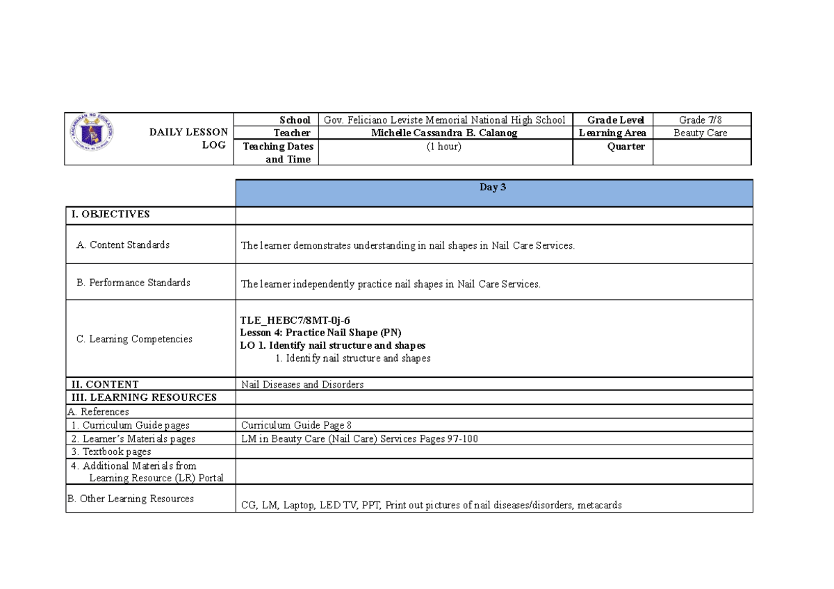 LO1 1 DAY 3 - LO1 Day 3 - DAILY LESSON LOG School Gov. Feliciano ...