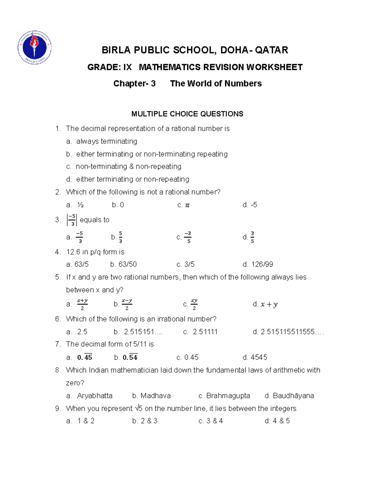 BIRLA PUBLIC SCHOOL, QATAR GRADE IX MATHEMATICS REVISION WORKSHEET 3 ...