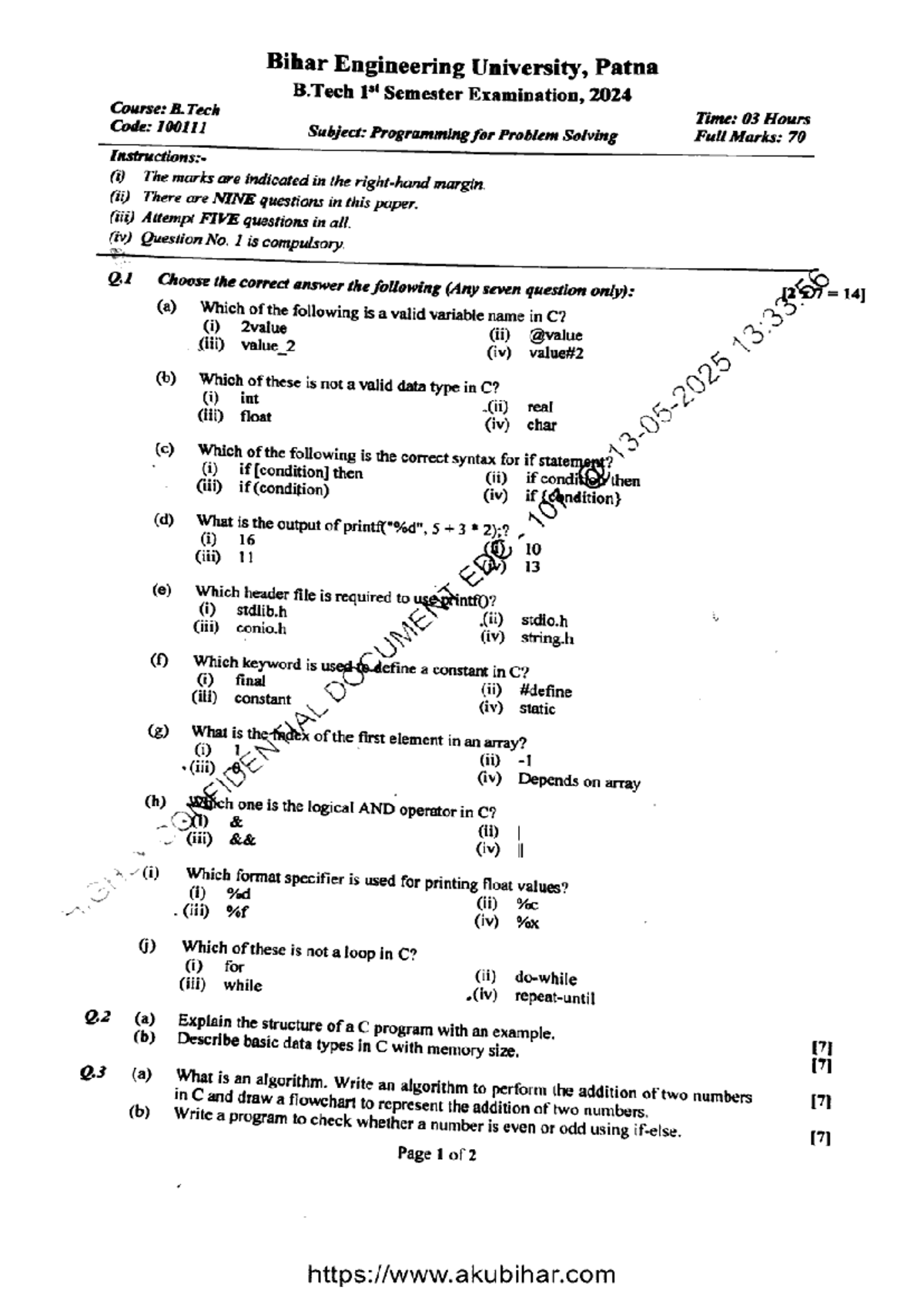 B.Tech 1st Sem Programming for Problem Solving Exam 2024 - Studocu