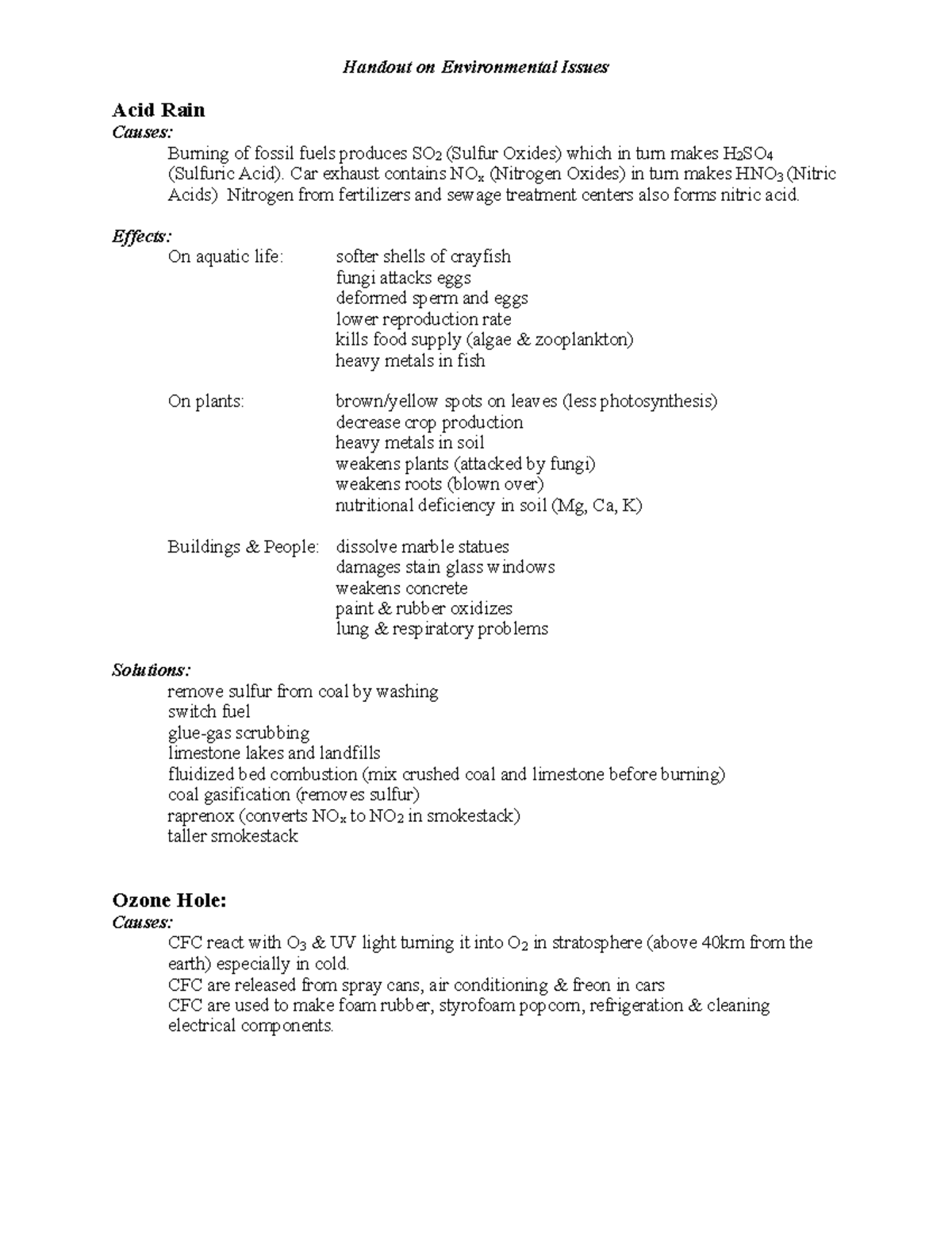 Environmental Issues Study Guide: Acid Rain & Ozone Hole - Studocu