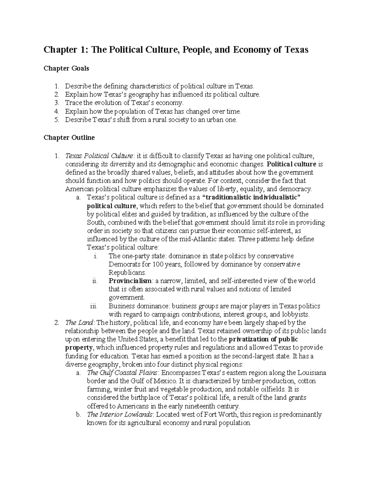 Chapter 1: Political Culture, Economy, and Urbanization in Texas - Studocu