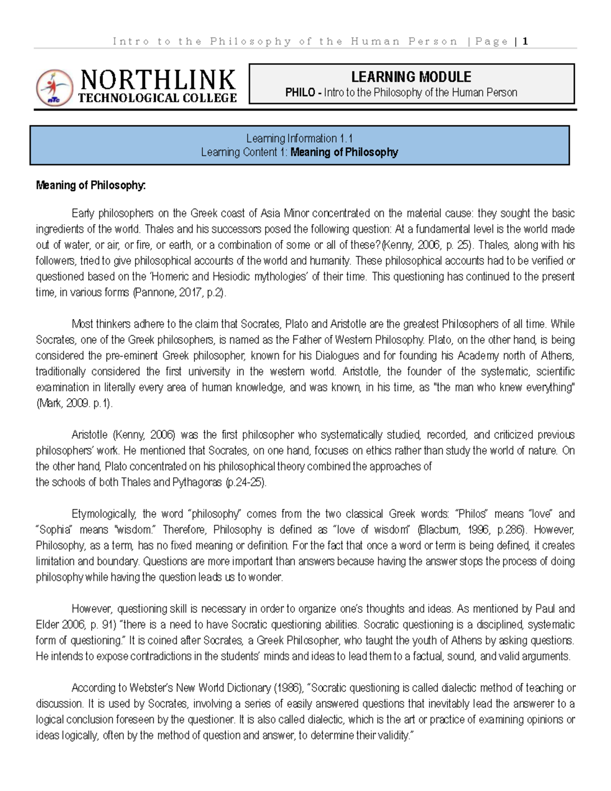 PHILO 101: Intro to the Philosophy of the Human Person Learning Module ...