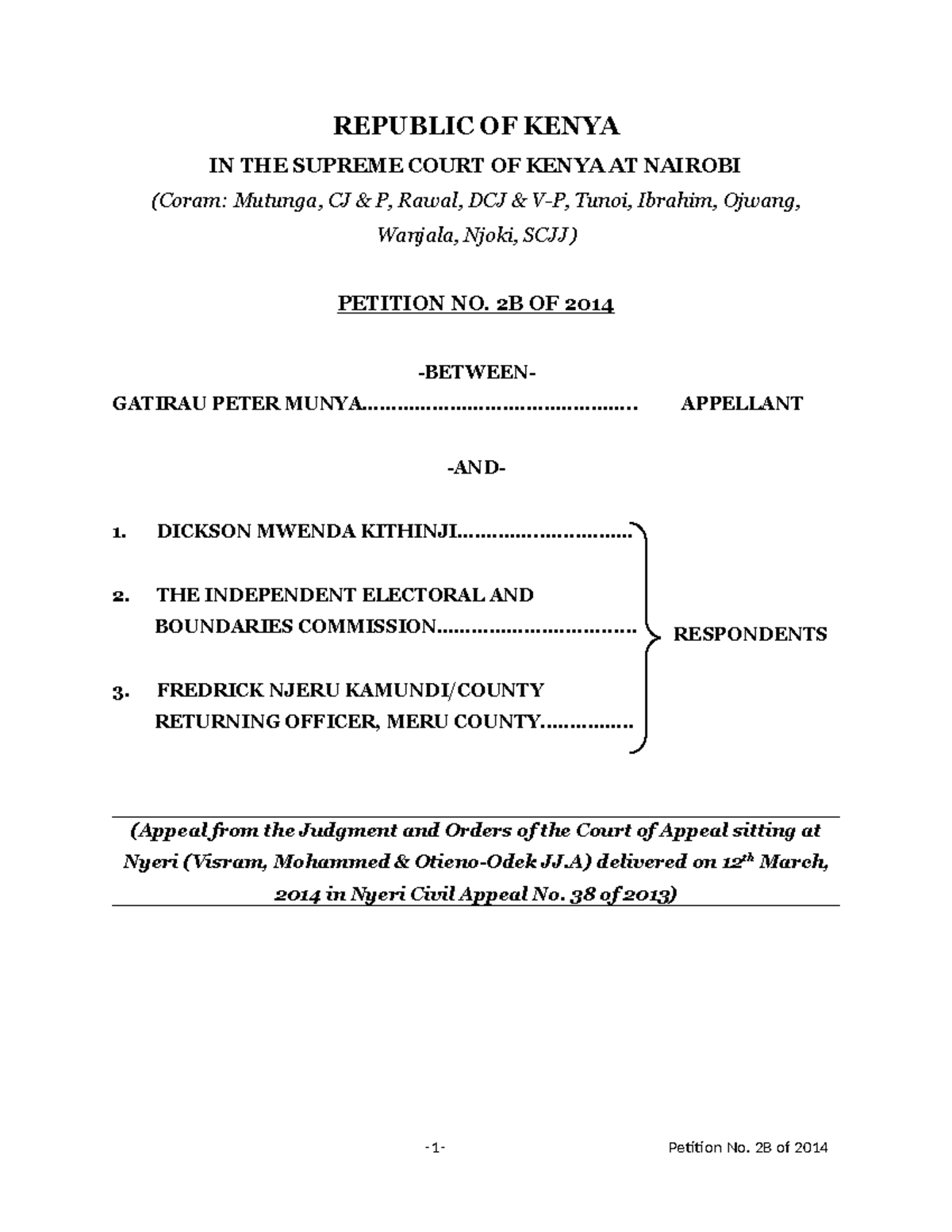 Supreme Court of Kenya: Judgment on Petition No. 2B of 2014 - Studocu