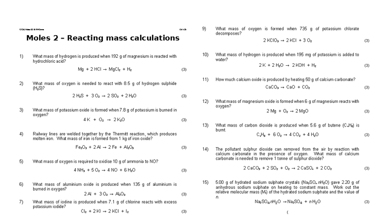GCSE Chemistry Moles 02: Reacting Mass Calculations and Problems - Studocu