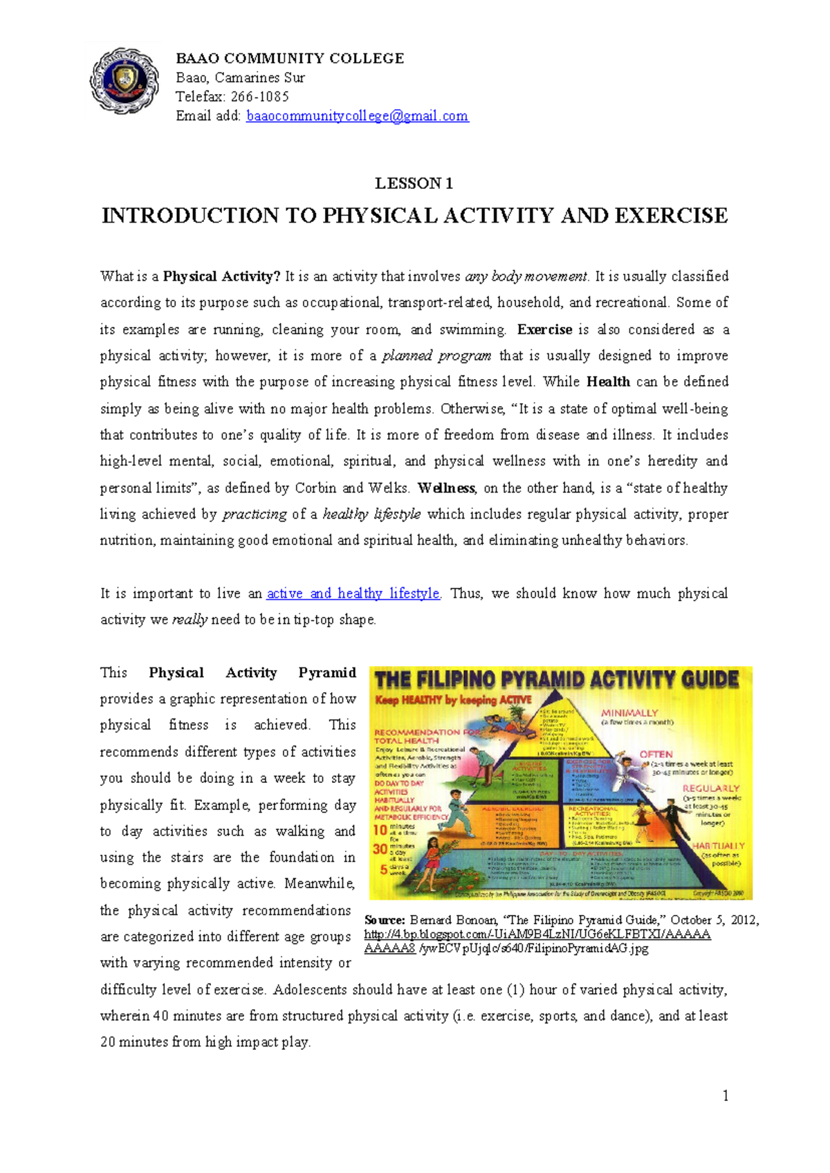 BAAO COMMUNITY COLLEGE Lesson 1: Introduction to Physical Activity ...