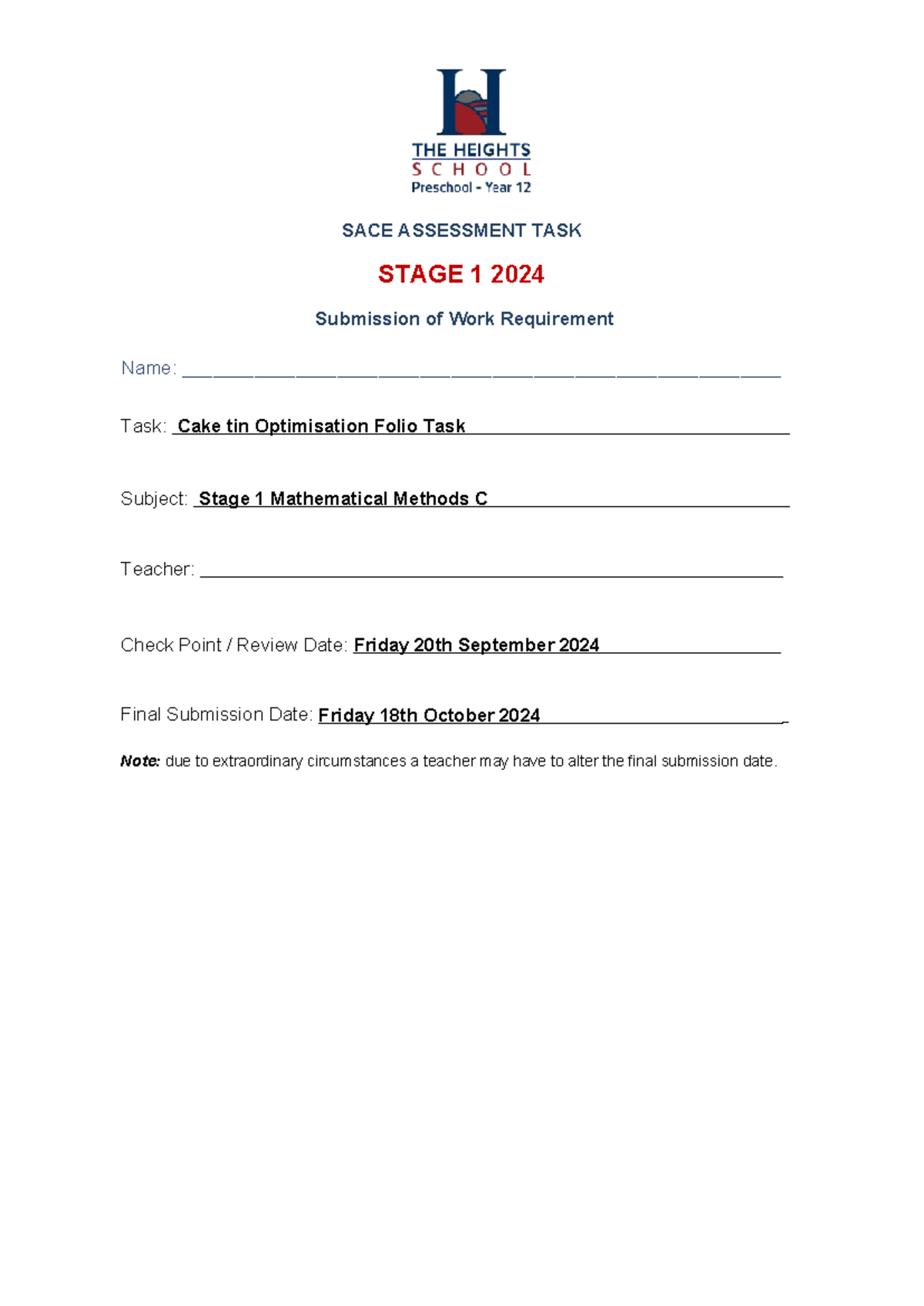 Stage 1 Mathematical Methods C: Cake Tin Optimisation Folio Task 2024 ...