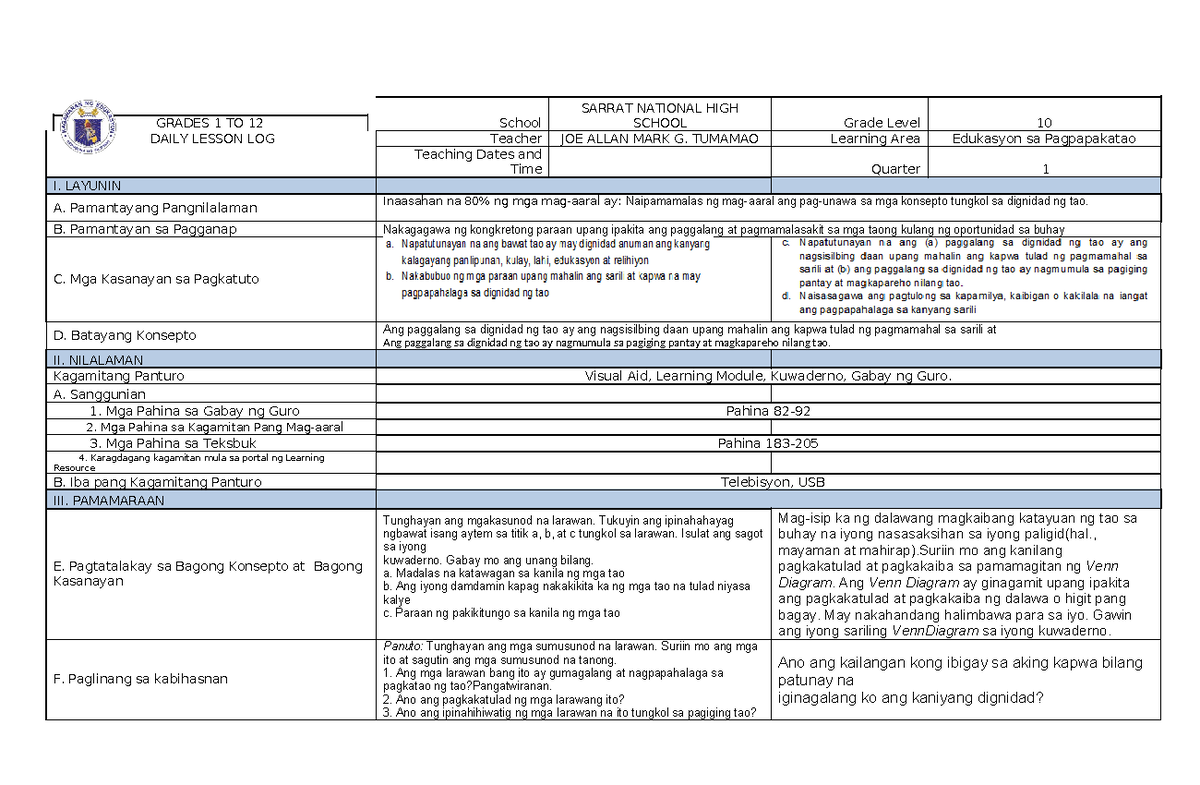 ESP 10 Q1 W7 Daily Lesson Log on Dignity and Respect - Studocu